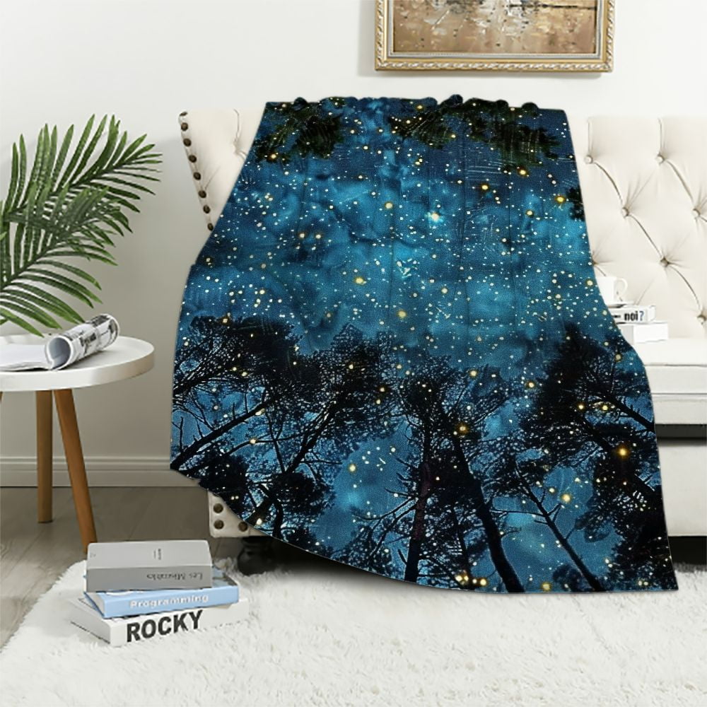 Nawypu Throw Blanket, Starry Night Galaxy Forest Trees Throw Blanket ...