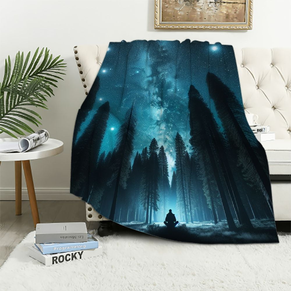 Nawypu Throw Blanket, Starry Night Galaxy Forest Trees Throw Blanket ...