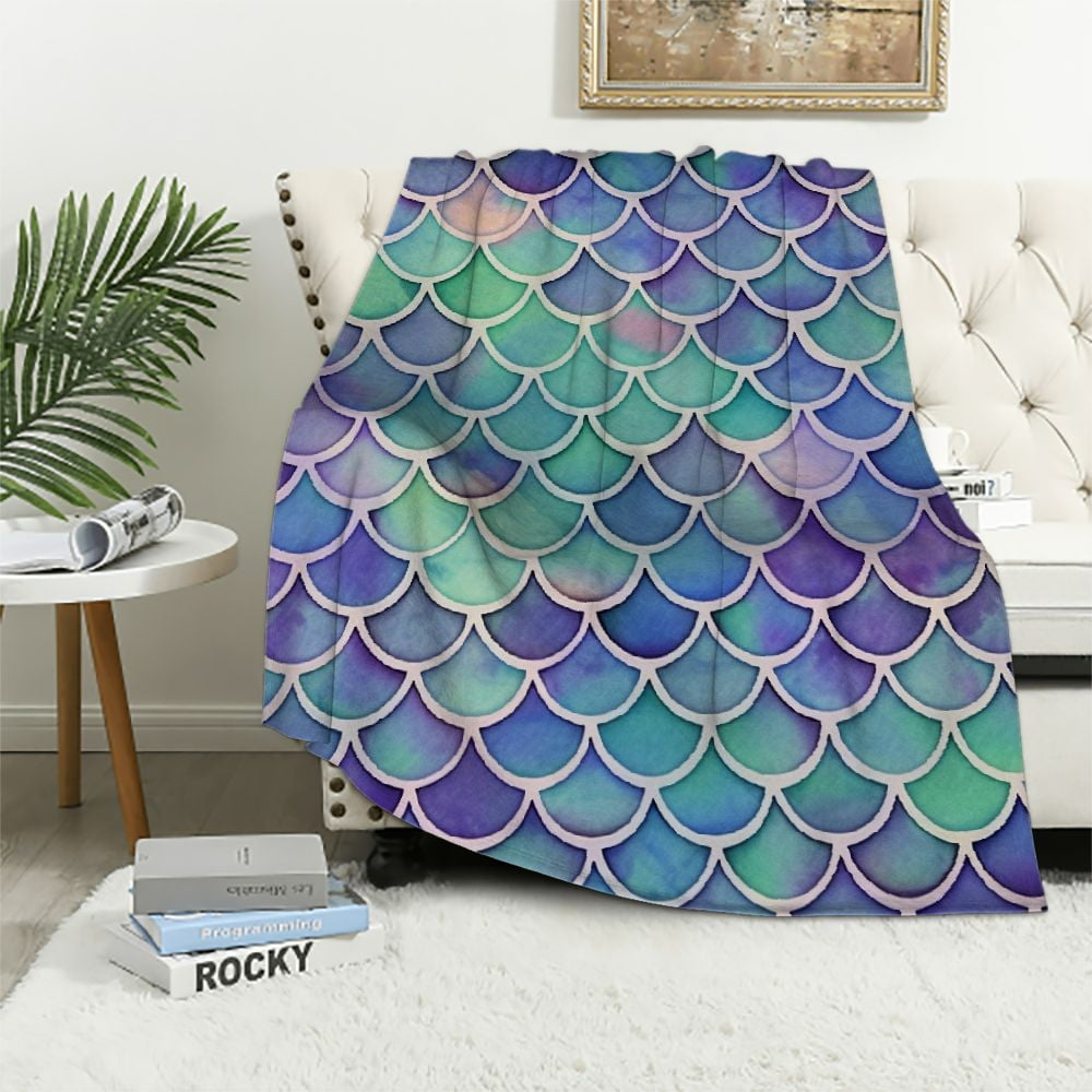 Nawypu Throw Blanket Watercolor Rainbow Scales of Mermaid Seamless ...