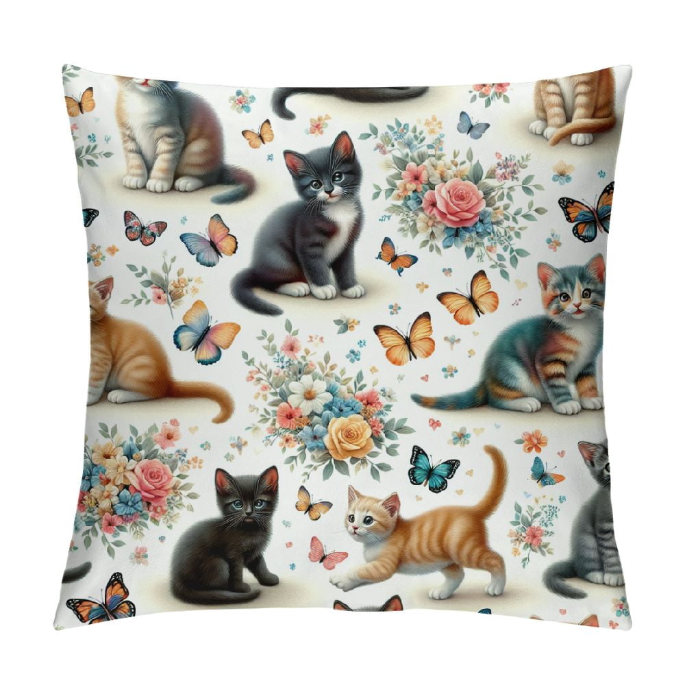Nawypu Throw Pillow Cover Cats and Butterflies Lovely Animal Cute ...
