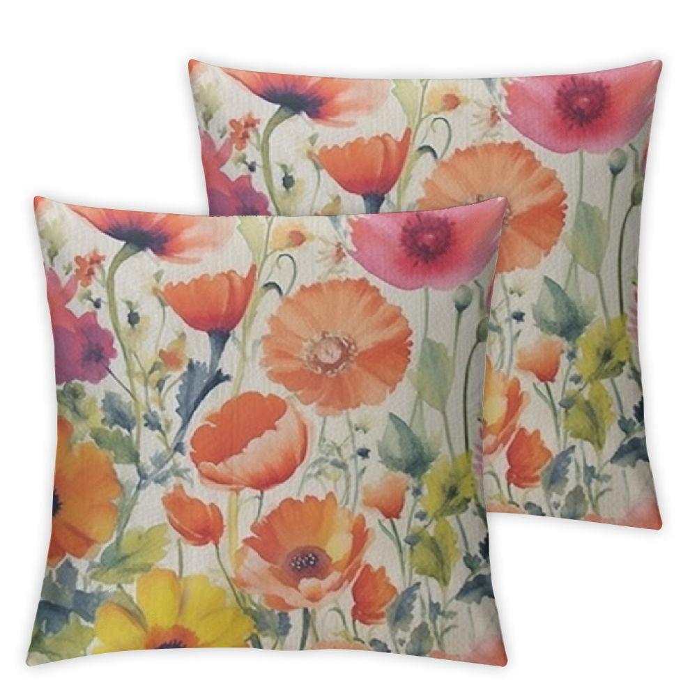 Nawypu Throw Pillow Cover Colorful Wildflowers Watercolor Floral Red