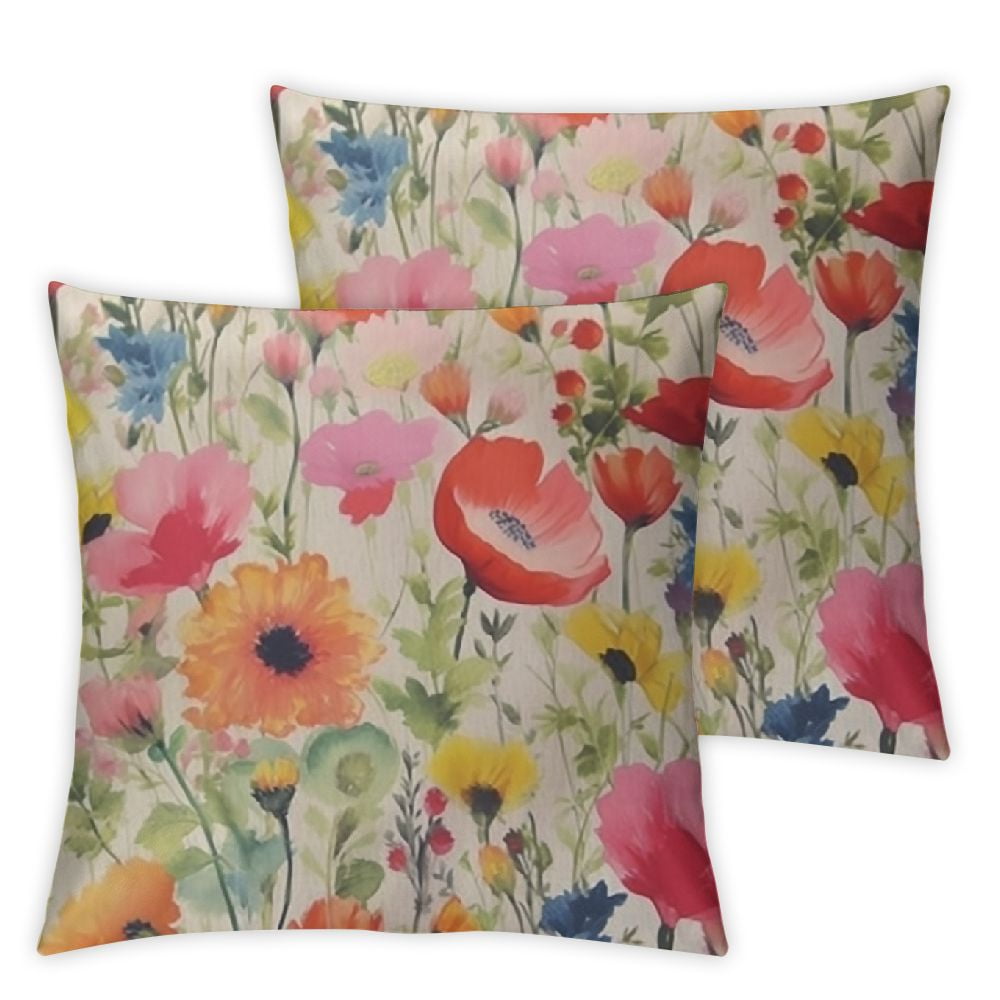 Nawypu Throw Pillow Cover Colorful Wildflowers Watercolor Floral Red