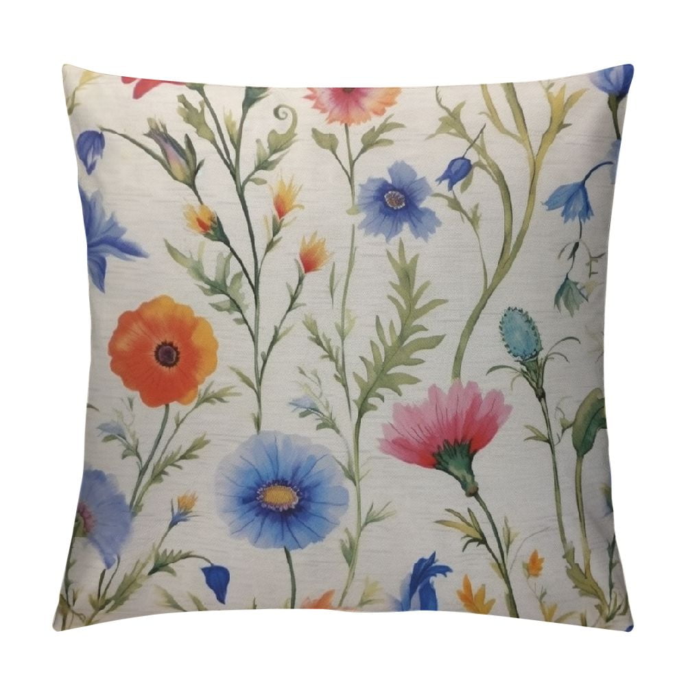 Werpe Throw Pillow Cover Floral Wildflowers Watercolor Poppy Cornflower