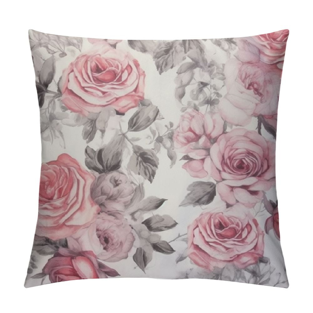 Nawypu Throw Pillow Cover Gray Abstract With Pink Flowers And Leaves On