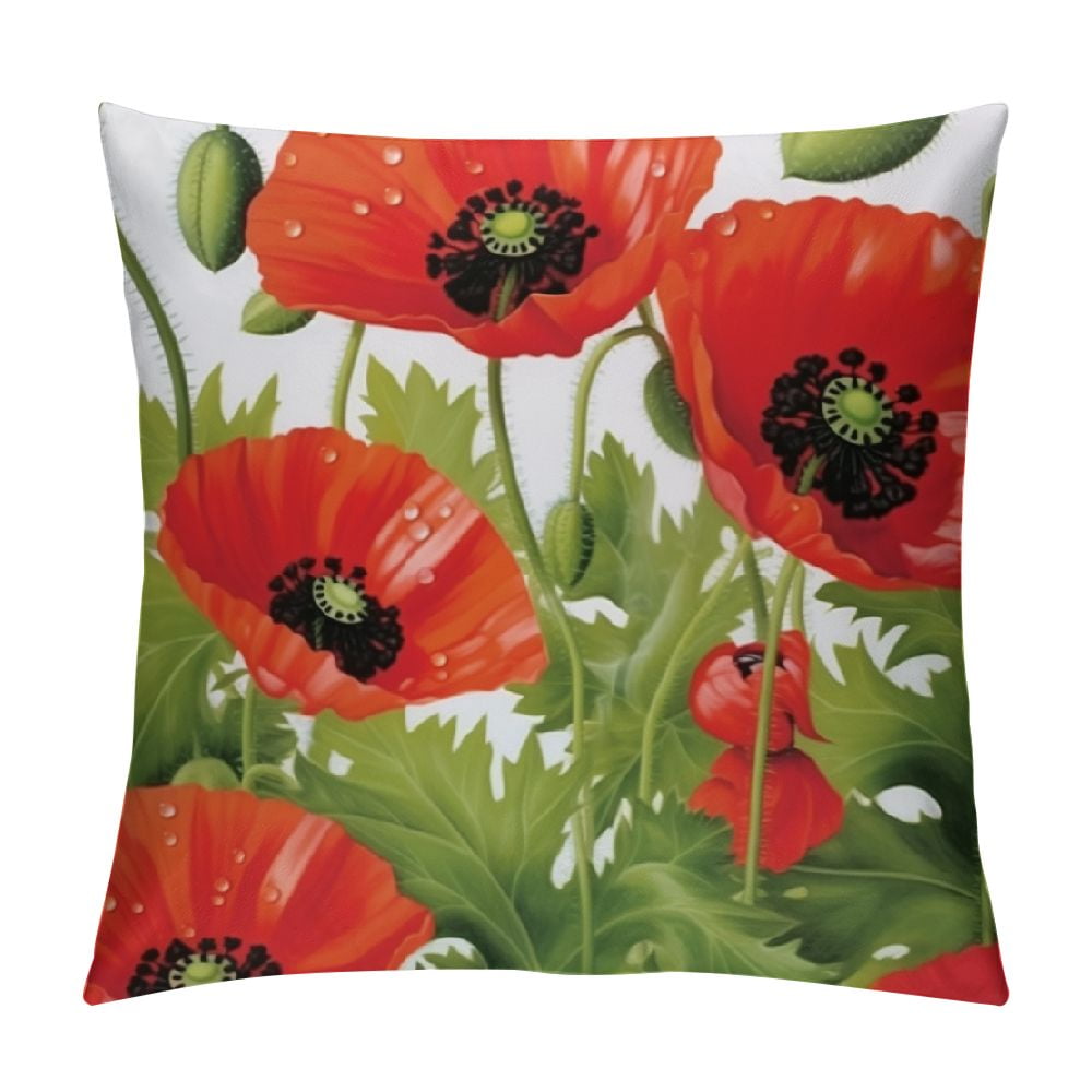 Nawypu Throw Pillow Cover Red Poppy Flowers Beautiful Poppy Green ...