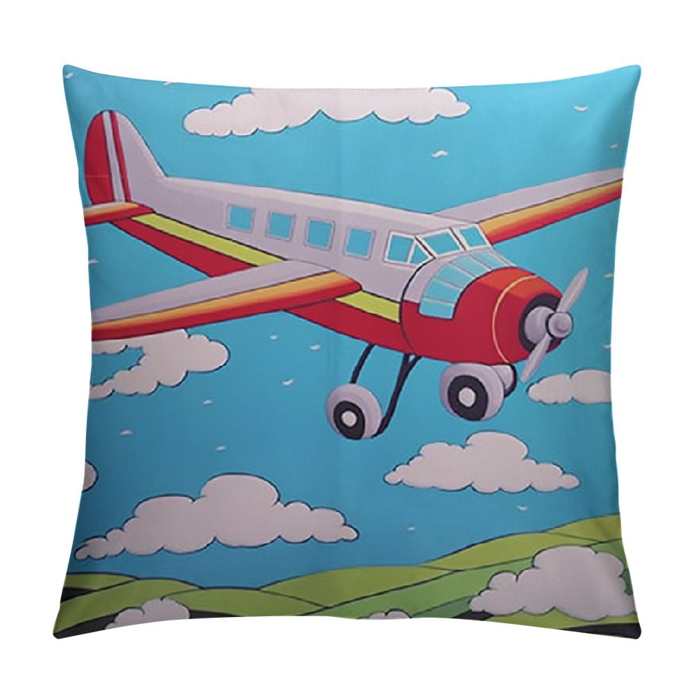 Nawypu Throw Pillow Cover Retro Stylish Airplane Typography Clouds Blue ...