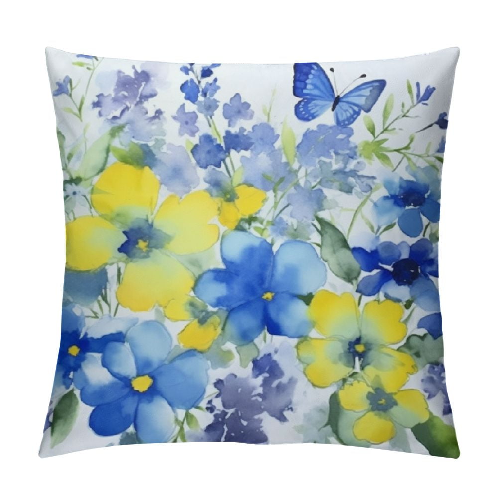 Nawypu Throw Pillow Cover Watercolor Floral Wildflowers Blue Yellow