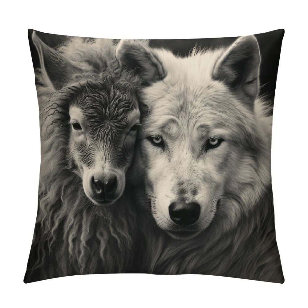 Nawypu Throw Pillow Cover Wolf Sofa Pillow Cover Black and White Close ...