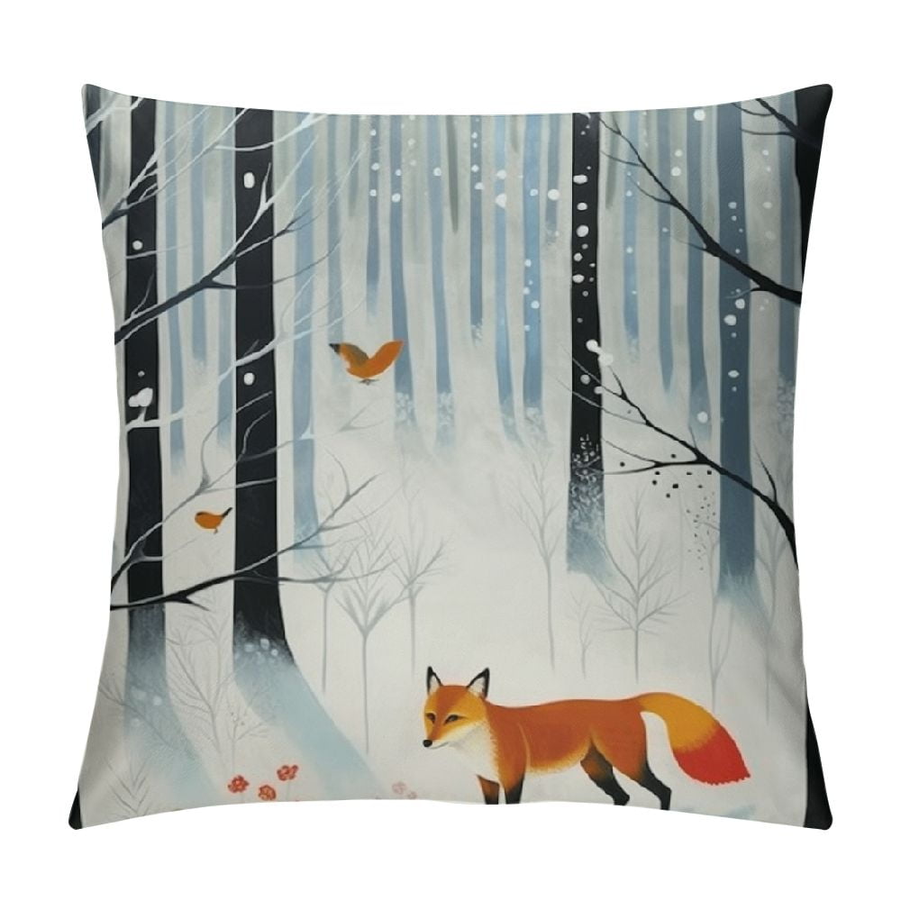 Nawypu Throw Pillow Covers Red Fox with Red Yellow Bird Winter Forest ...