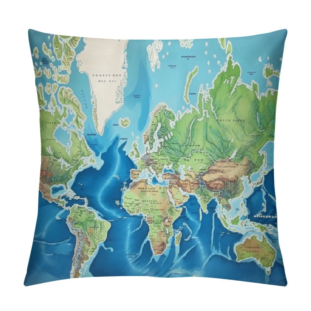 Nawypu Throw Pillow Covers World Map Land and Sea Geography with ...