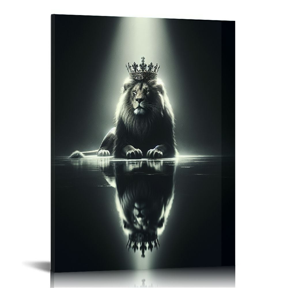 Nawypu Tribute to art Lion Canvas Print Wall Art,A with a crown noble and confident,Black Golden ...