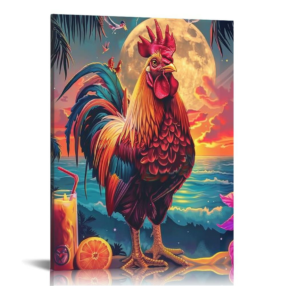 Nawypu Tropical Beach Cocktail Bar Funny Rooster Chicken Wall Art for ...