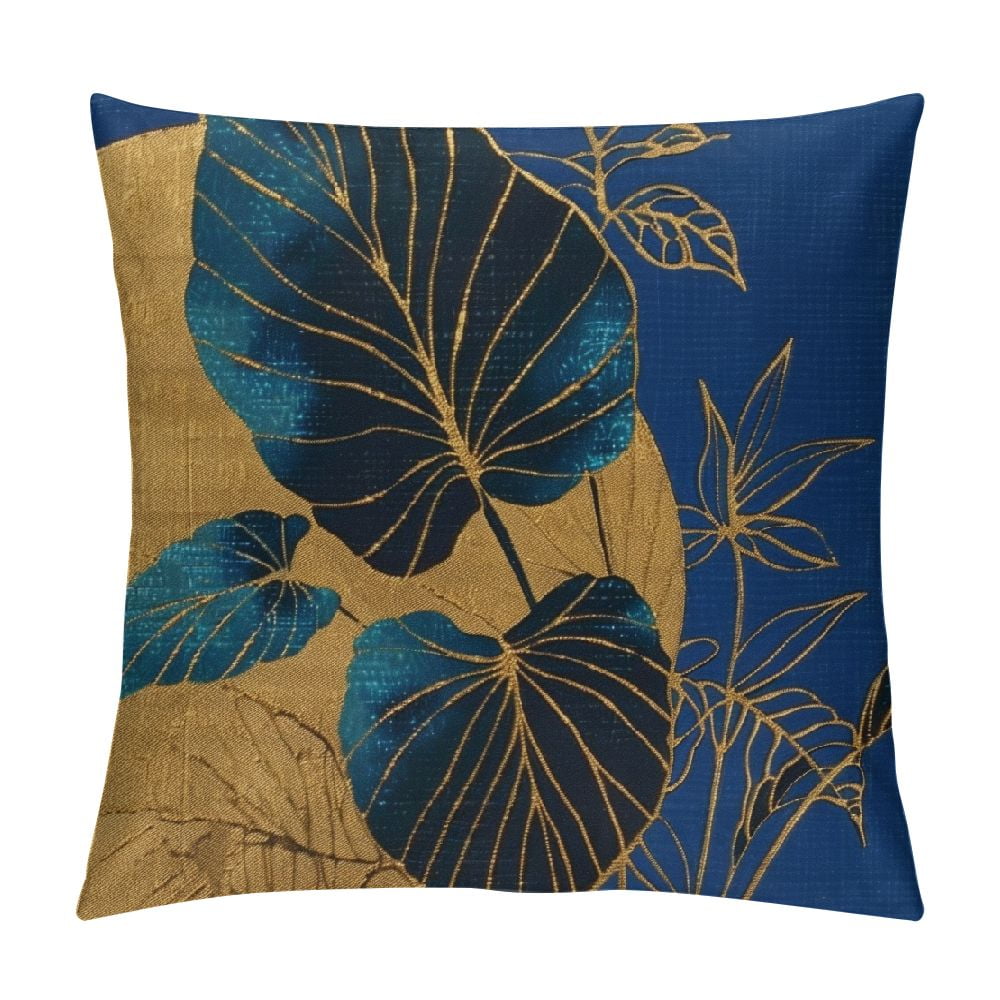 Nawypu Tropical Blue Leaves with Gold Sun Moon Decorative Pillowcase ...