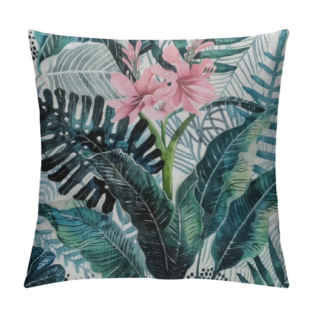 Nawypu Tropical Palm Leaf Print Pillow Cover Summer Blue Green Plant ...