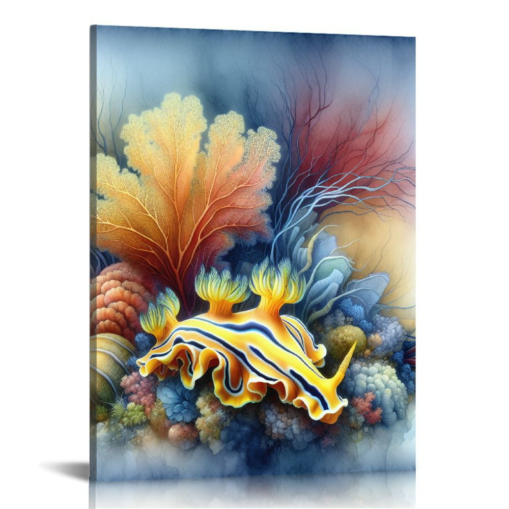Nawypu Two-Piece Coral Canvas Wall Art Print Set, Gold and Aqua Coastal ...