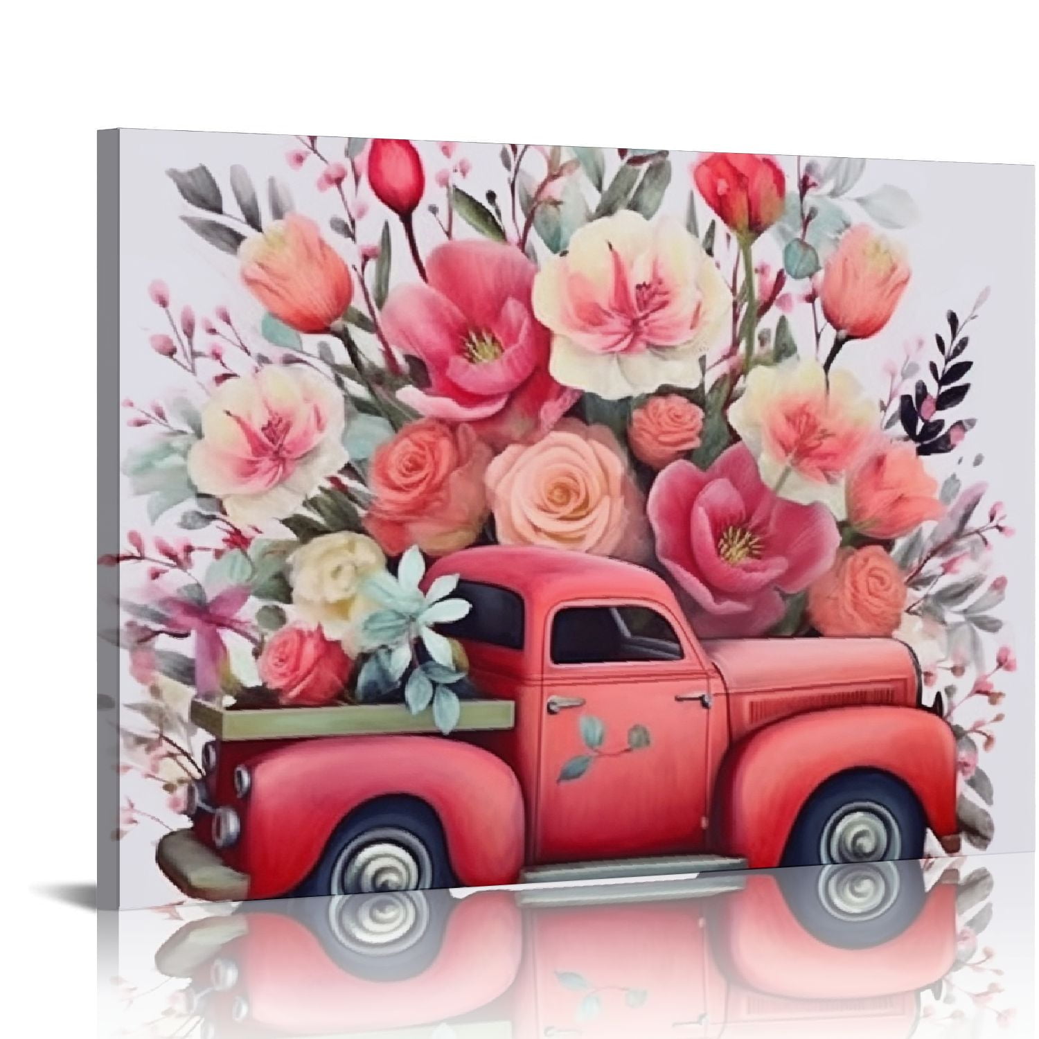 Nawypu Valentines Framed Canvas Wall Art for Living Room Red Truck Rose ...