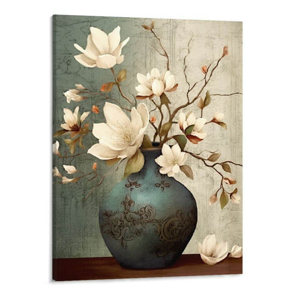 Nawypu Vintage Floral Canvas Art Blue White Orchid Poppy Magnolia Vase ...