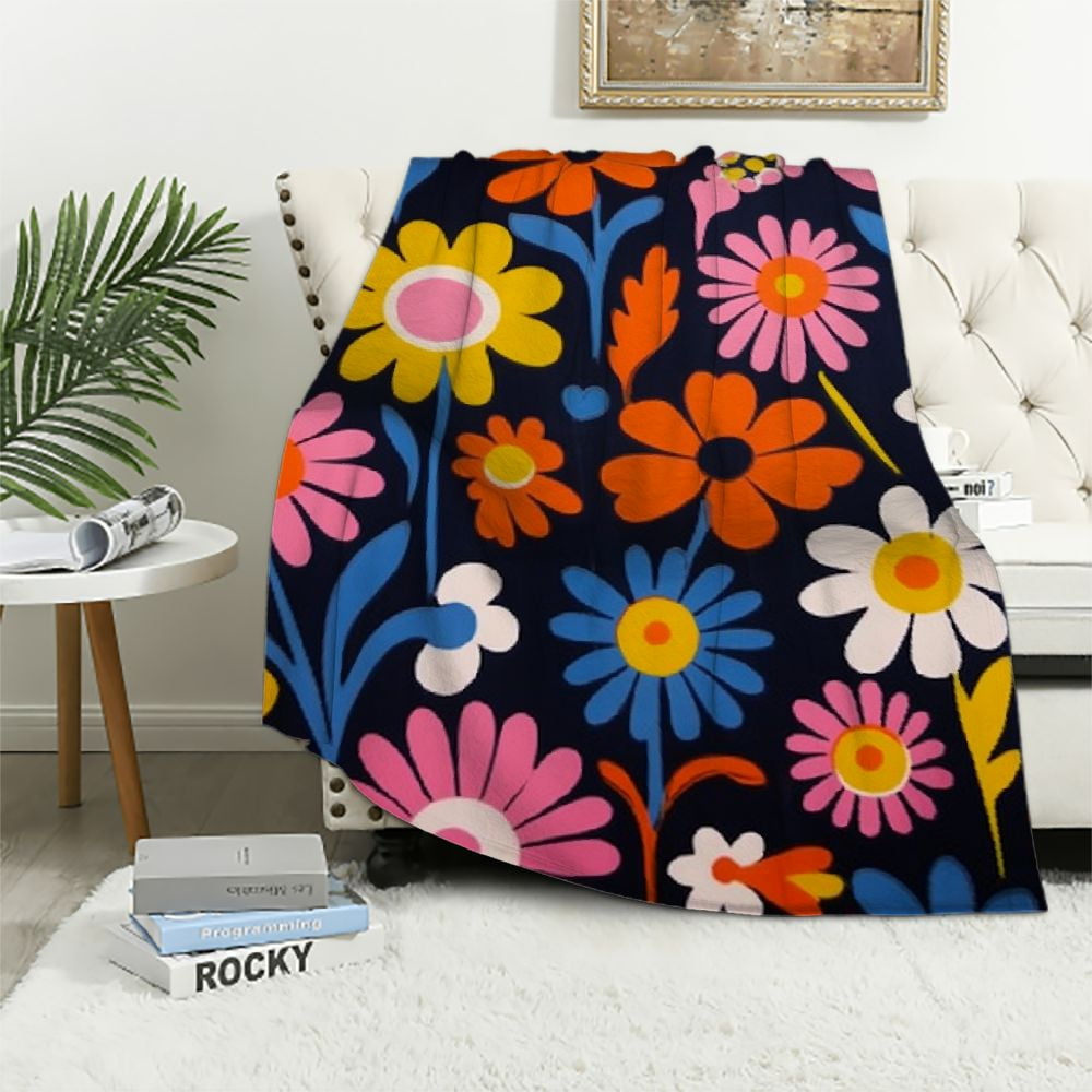 ONETECH Vintage Flower Throw Blanket Retro Floral Black Plush Blanket ...