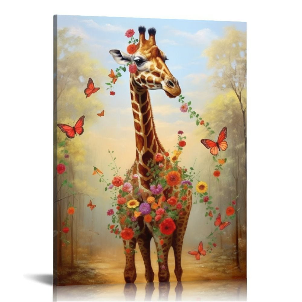 Nawypu Vintage Giraffe Canvas Wall Art Wild Animal Floral Giraffe ...