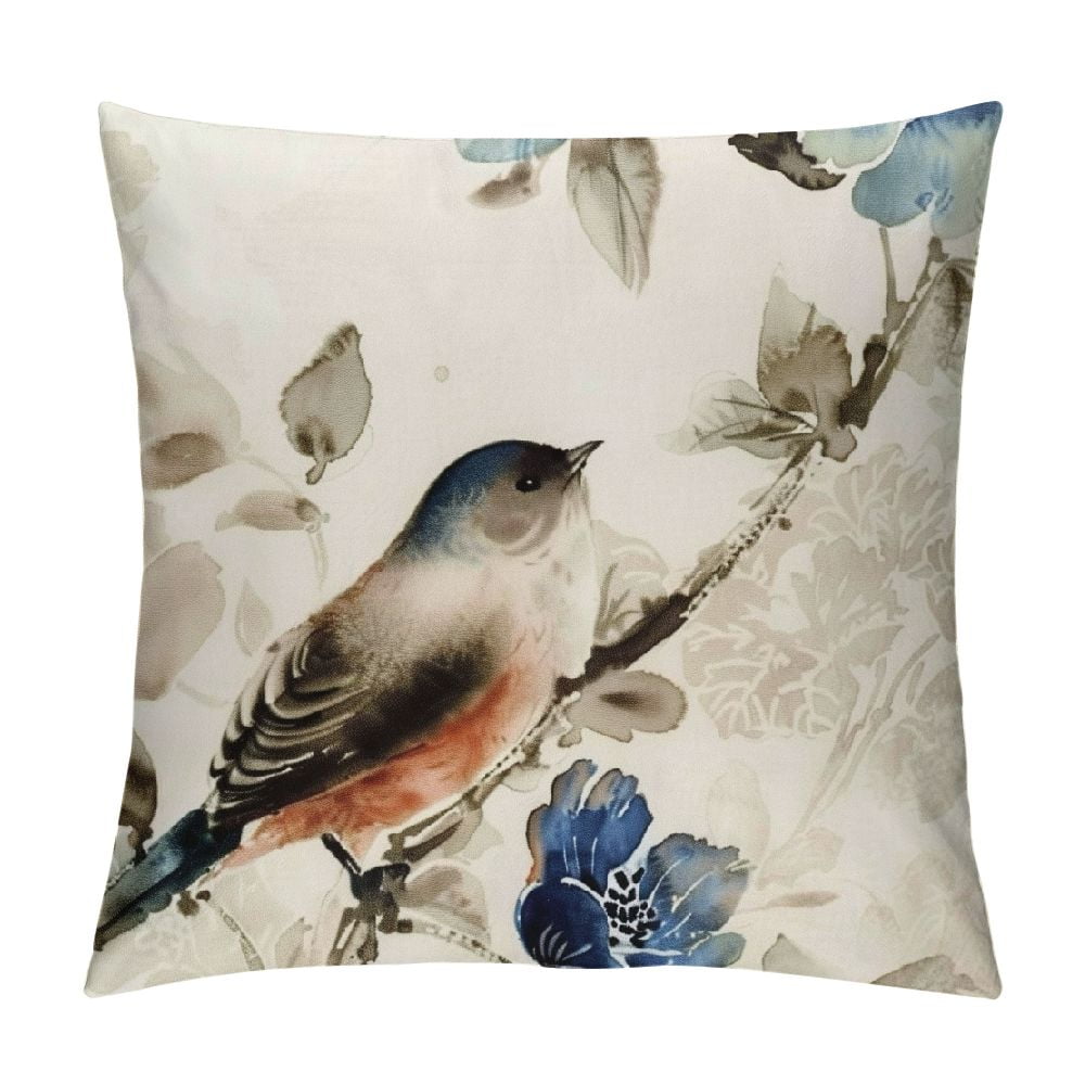 WERPE Vintage Ink Painting Blue Bird Robin and Flower Throw Pillow ...