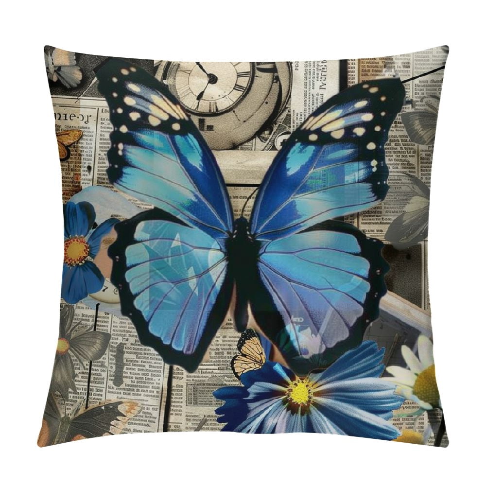 Nawypu Vintage Newspaper Butterfly Daisy Sunflower French Throw Pillow ...