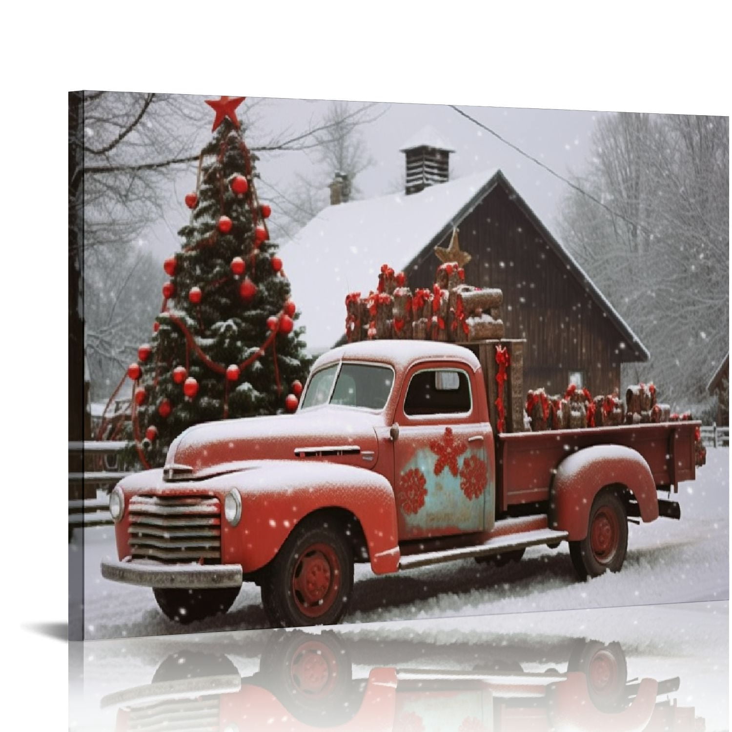 Nawypu Vintage Red Truck Canvas Wall Art - Picture with Christmas Tree ...
