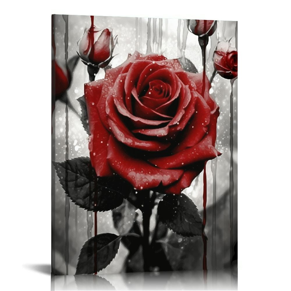 Nawypu Vintage Rose Painting Canvas Wall Art, Retro Black And White Red ...