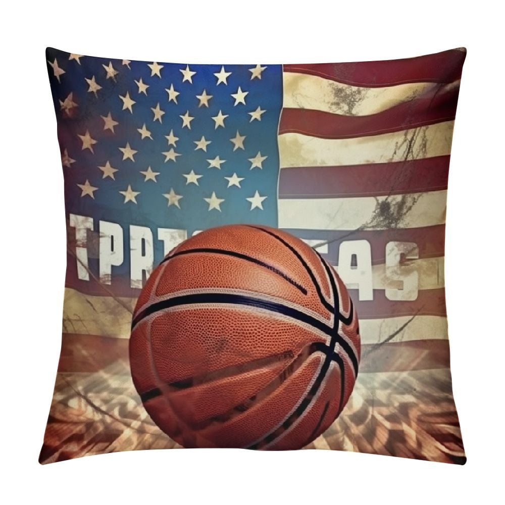 Nawypu Vintage Rustic American Flag with Basketball Throw Pillow Cover ...