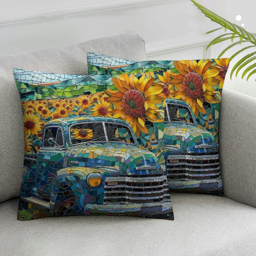 Awypu Vintage Truck Throw Pillow Covers Abstract Sunflower Spring ...
