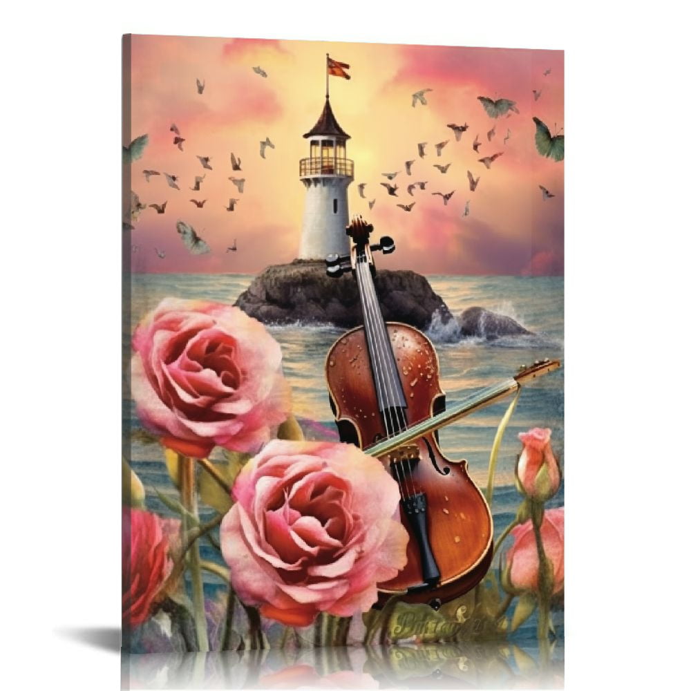 Nawypu Vintage Violin Pink Rose Decor Wall Art Music Instrument Flower ...