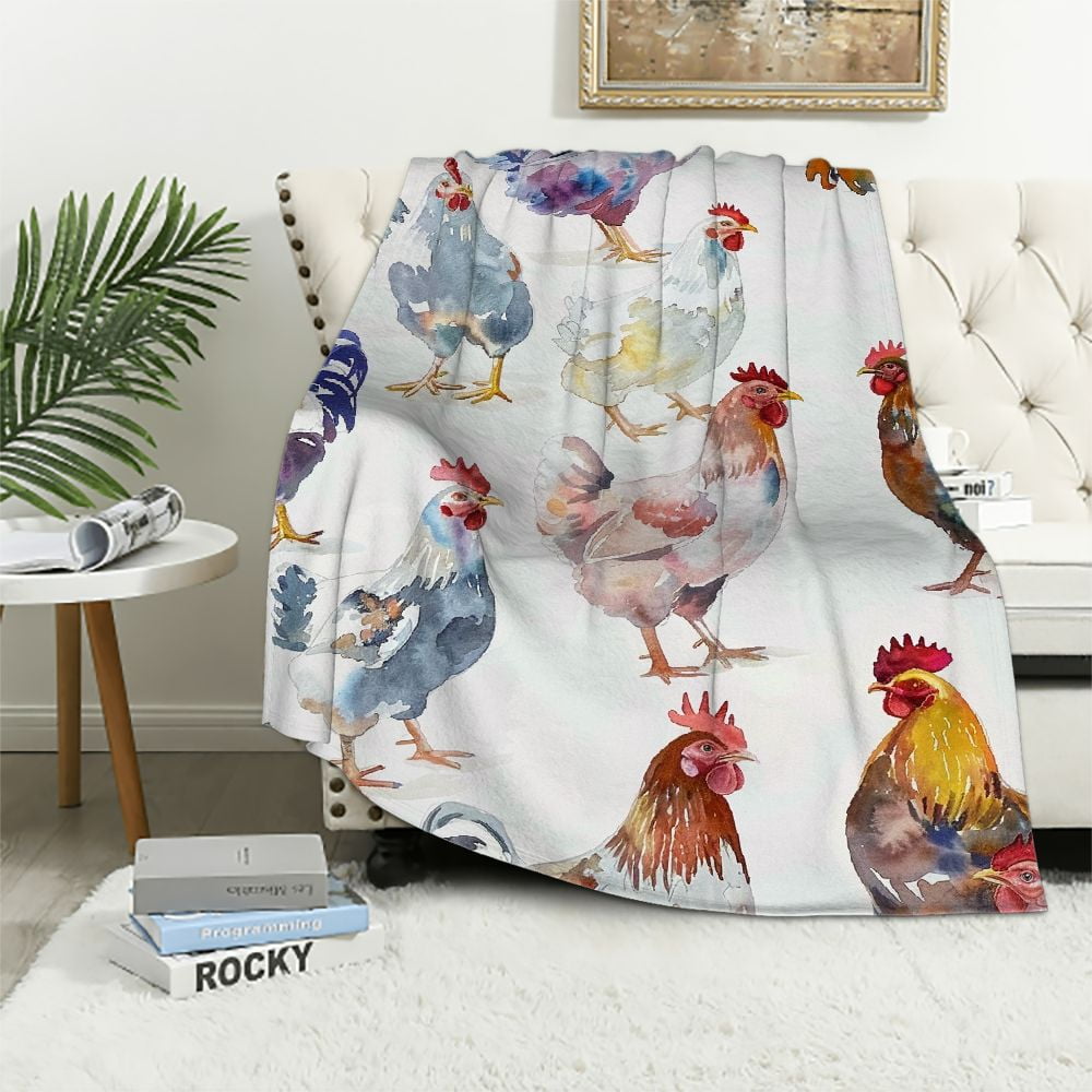 Nawypu Vintage Watercolor Chicken Rooster Flannel Throw Blanket For All