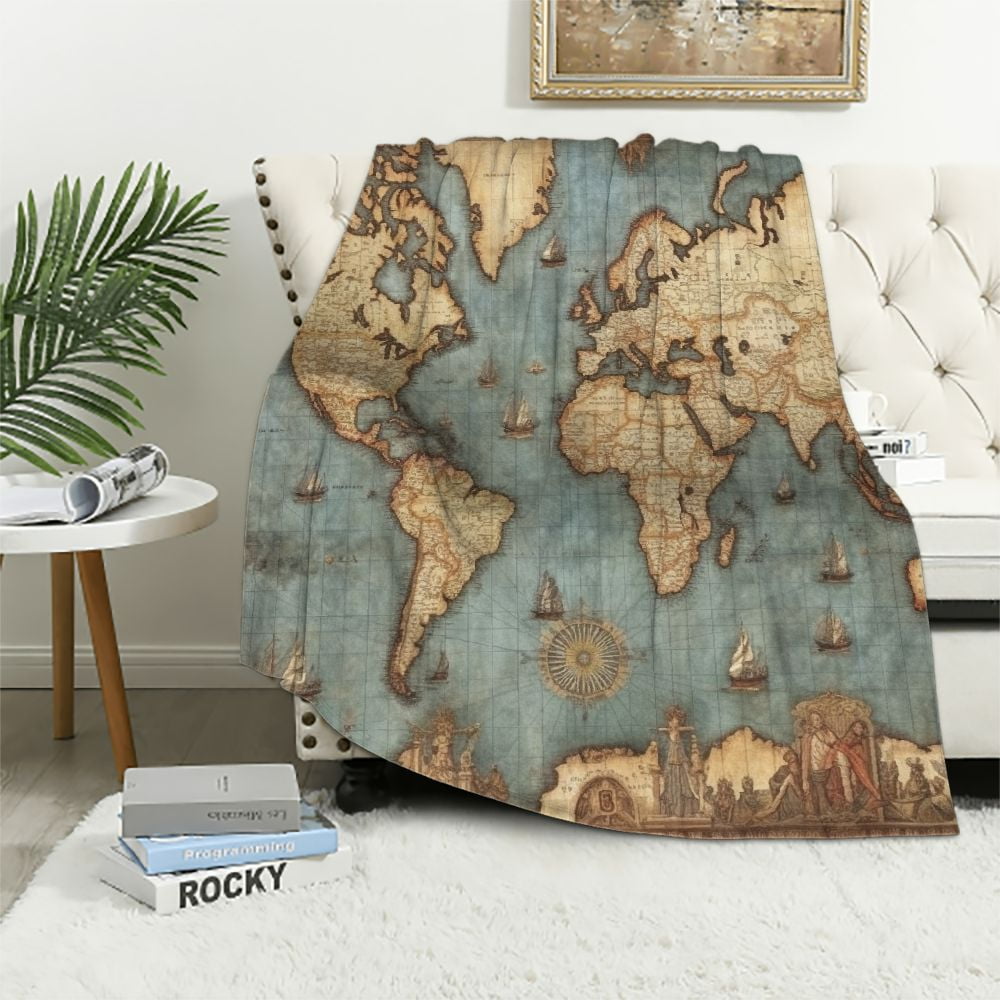 Nawypu Vintage World Map Flannel Blanket Pirate Adventure Treasure Hunt ...