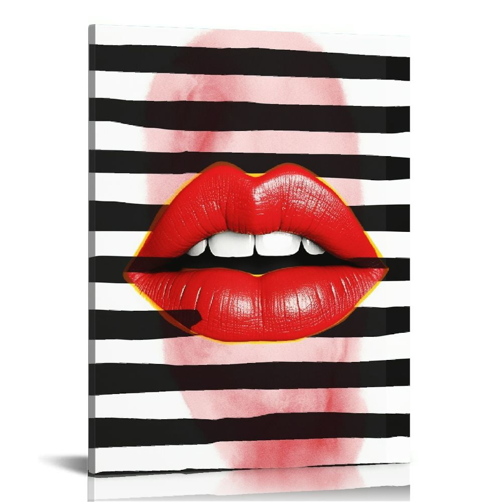Nawypu Wall Art Canvas Prints,Red Sexy Lip Print Black Stripes Artwork ...