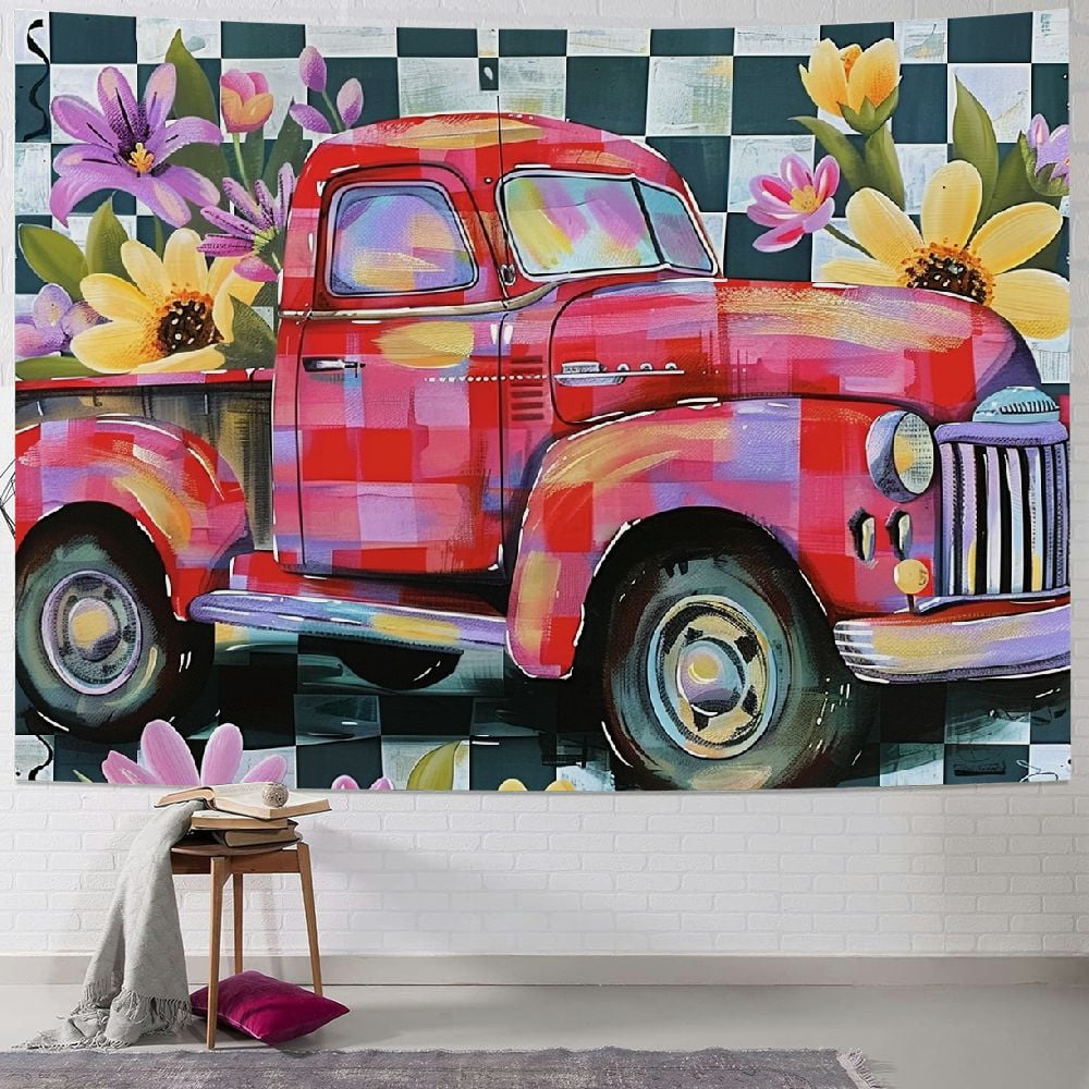 Nawypu Wall Tapestry - Red Truck with Tulip Flower Spring Farm Black ...