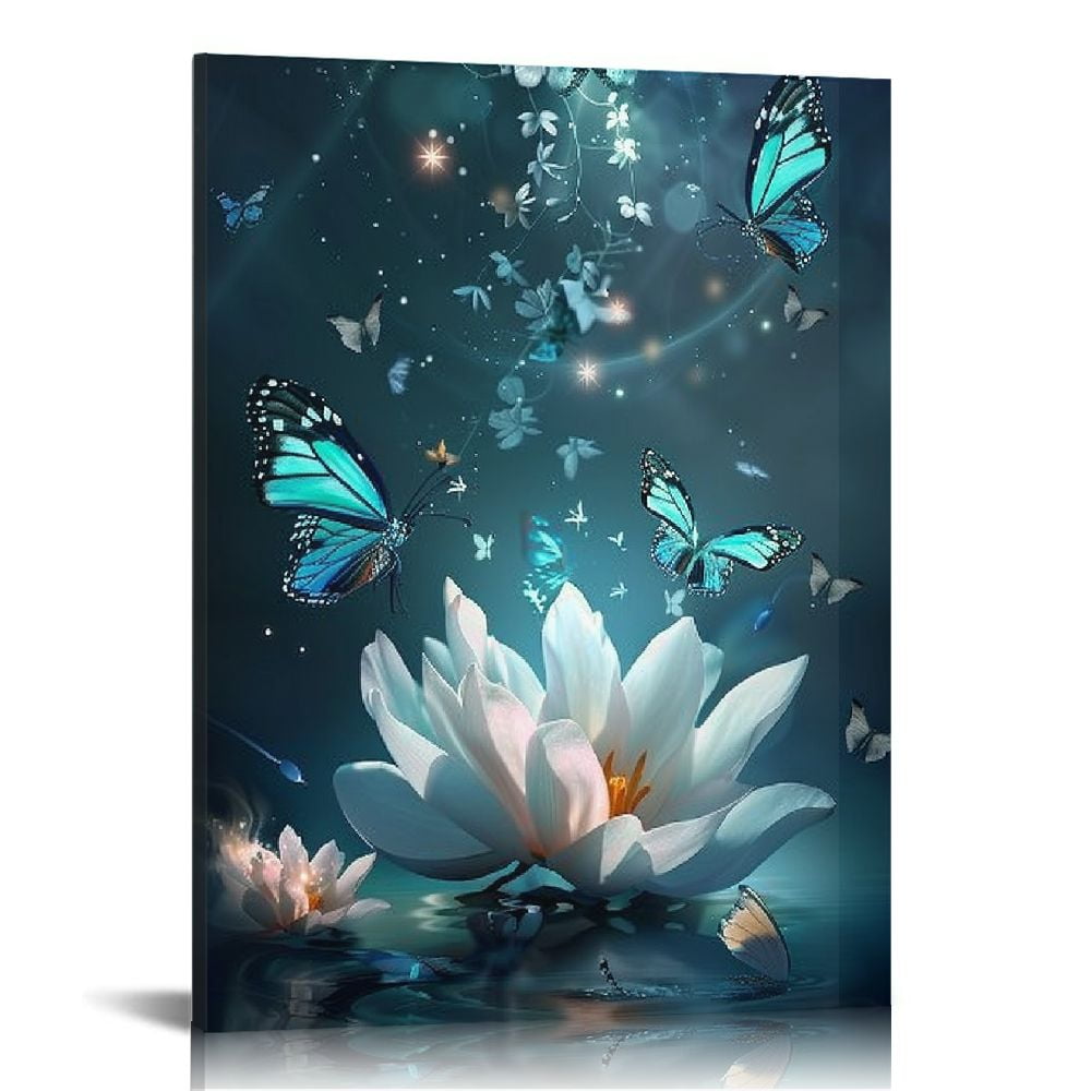 Nawypu Water Lily Wall Art,Teal Butterflies Surround Water Lilies in ... Nawypu Water Lily Wall Art,Teal Butterflies Surround Water Lilies in ...