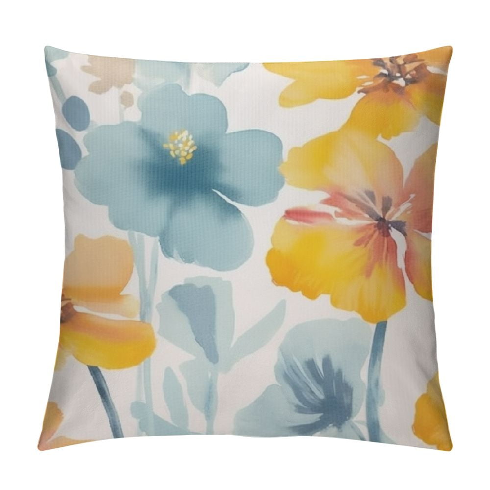 Nawypu Watercolor Abstract Yellow Blue Flower Throw Pillow Covers ...