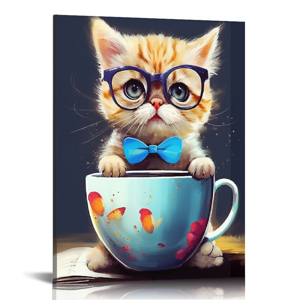 Nawypu Watercolor Cat Canvas Art Cat in A Cup Canvas Painting Cat ...