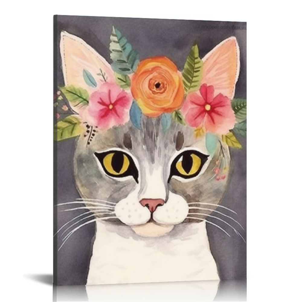 Nawypu Watercolor Lovely Cat Art Print- Flower Pet Cat Canvas Wall Art ...