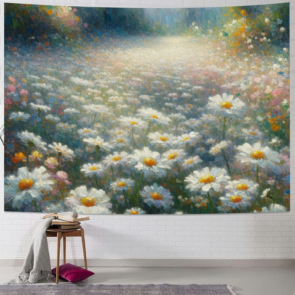 Nawypu White Daisy Floral Prints Spring Landscape Painting Green Grass ...