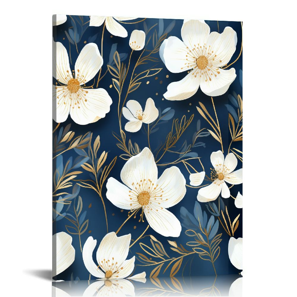 Nawypu White Flower Wall Art Blooming Floral with Gold Foil Canvas ...