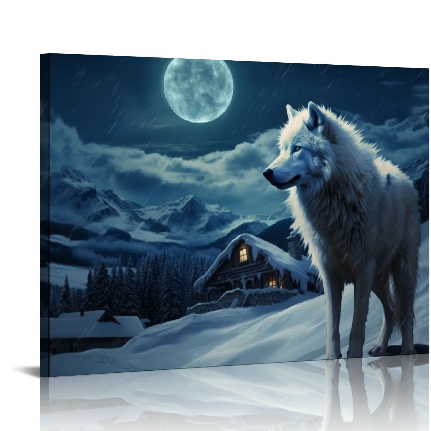 Nawypu Wild Animals Canvas Wolf Wall Art Snow Night Moon Wolf Starry ...