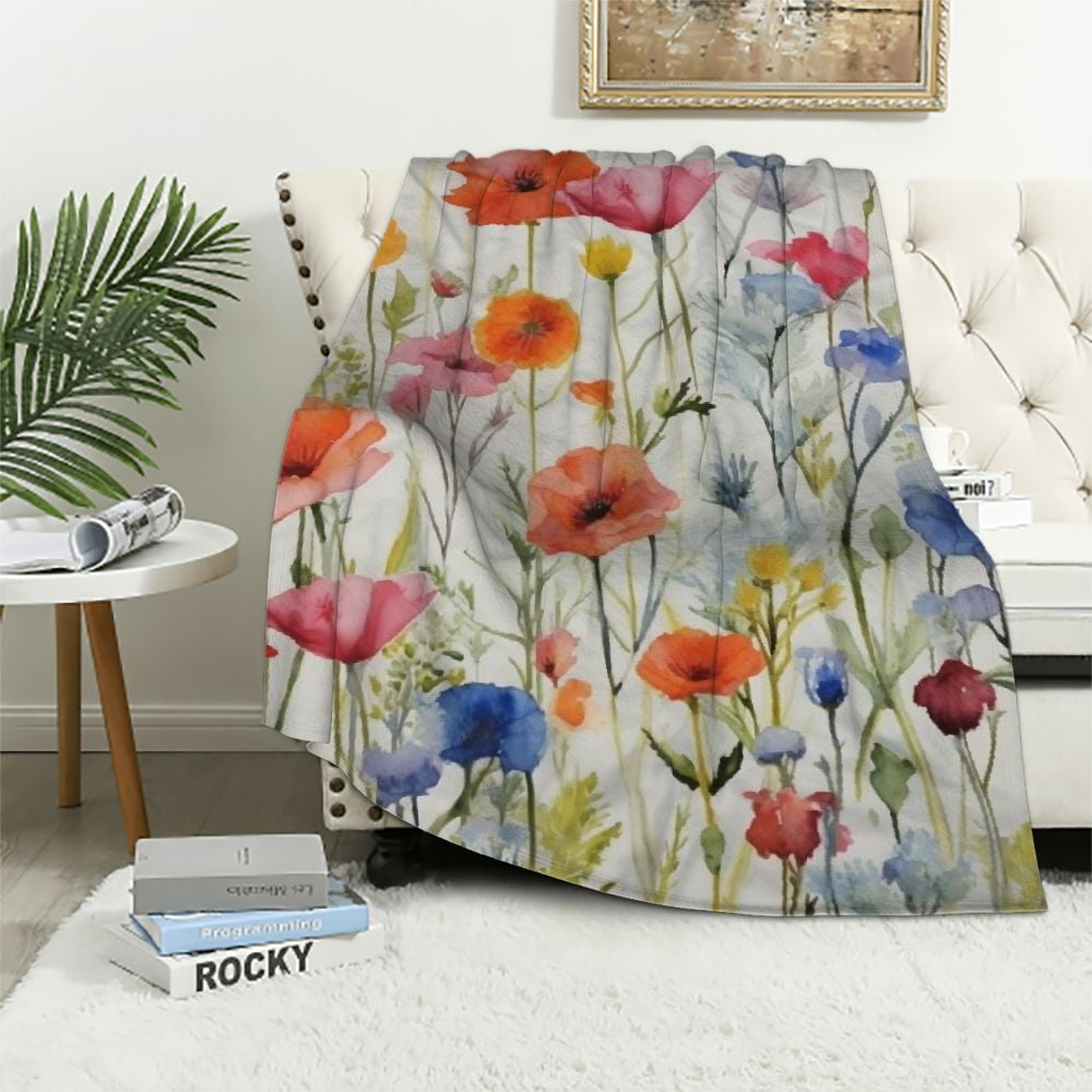 Nawypu Wildflowers Throw Blanket Colorful Watercolor Flowers Poppy ...