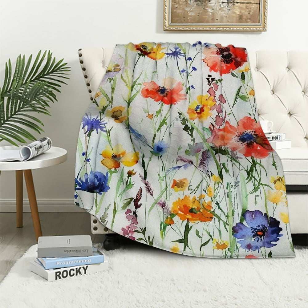 Nawypu Wildflowers Throw Blanket Colorful Watercolor Flowers Poppy