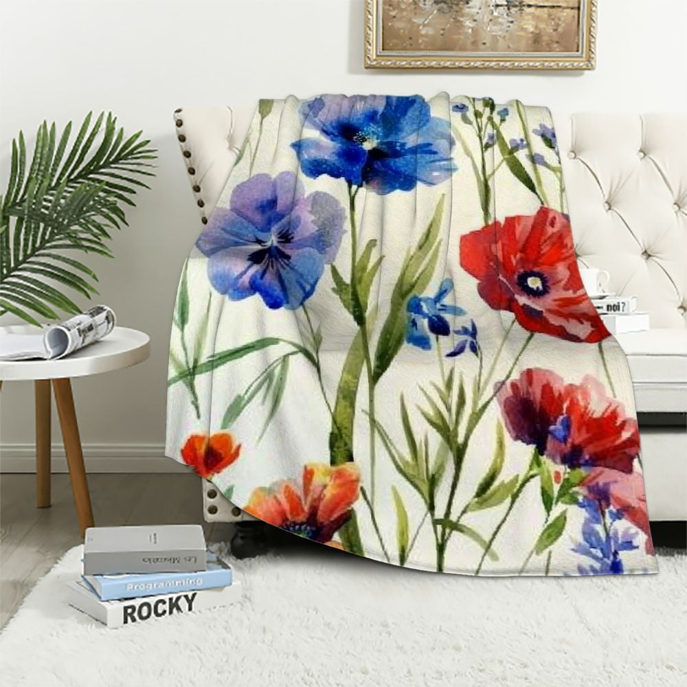 Nawypu Wildflowers Throw Blanket Colorful Watercolor Flowers Poppy