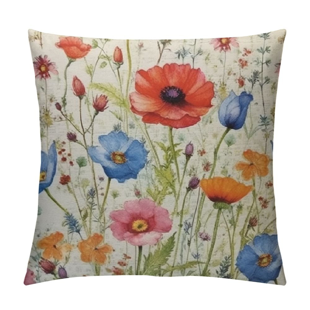 Nawypu Wildflowers Throw Pillow Cover Colorful Watercolor Flowers Poppy