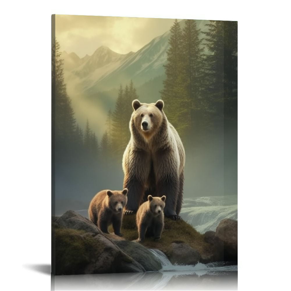 Nawypu Wildlife Poster Three Black Bears Water Flow Forest Ridge Trees ...