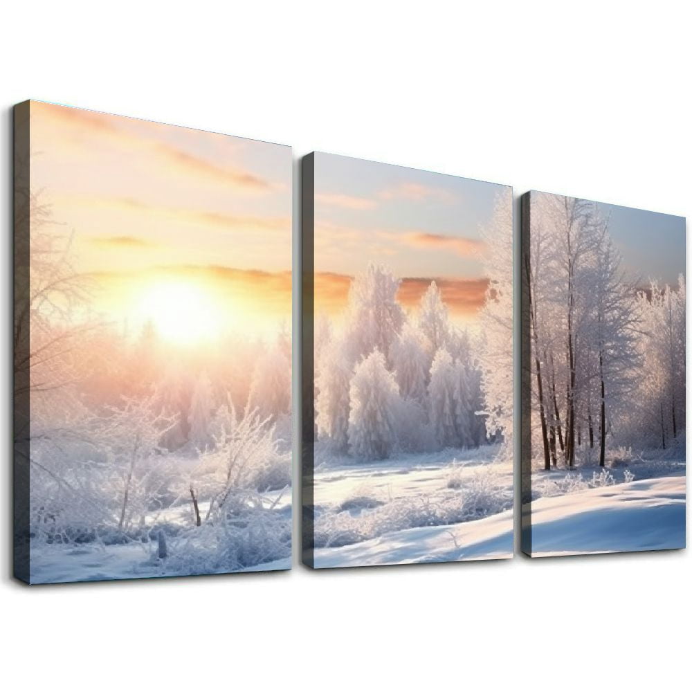 Nawypu Winter Tree Canvas Wall Art Snow Covered Winter Forest Sunrise ...