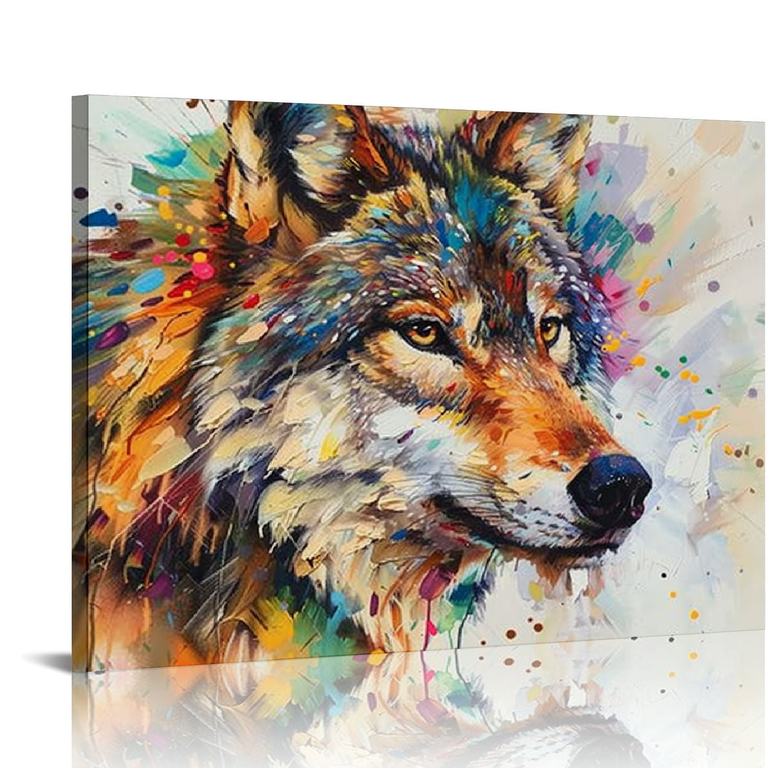 Nawypu Wolf Canvas Wall Art - Abstract Colorful Wolf Portrait Gazing At ...