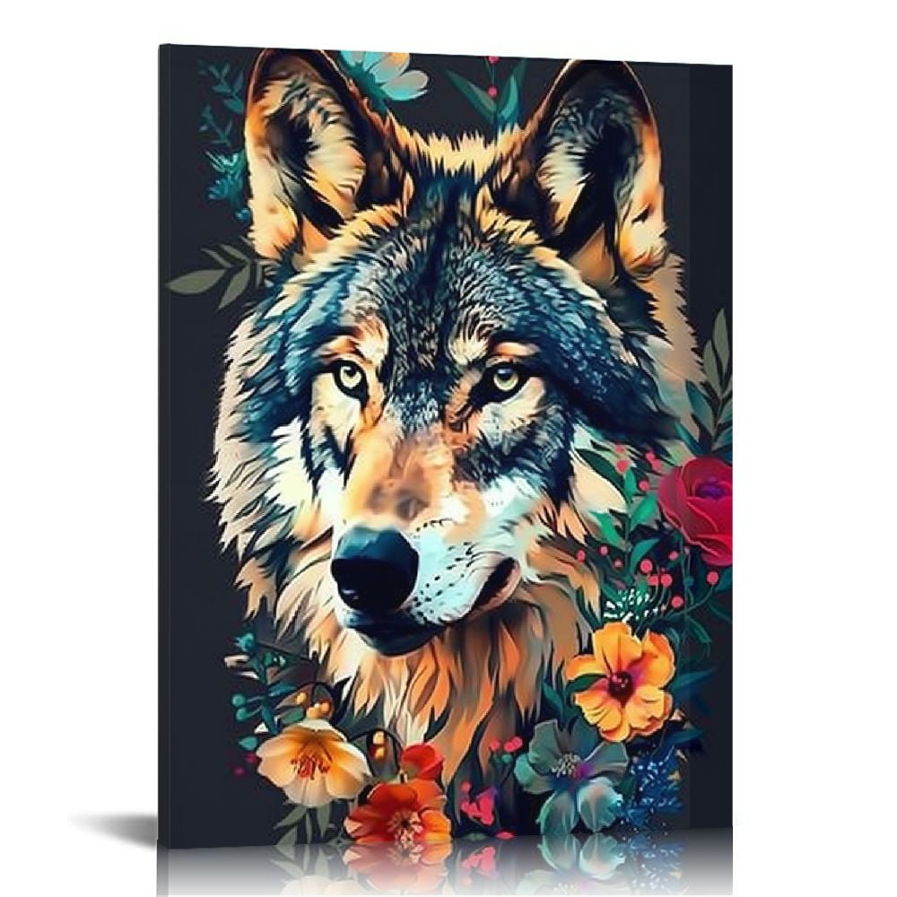 Nawypu Wolf Canvas Wall Art Colorful Animal with Flowers Pictures Print ...