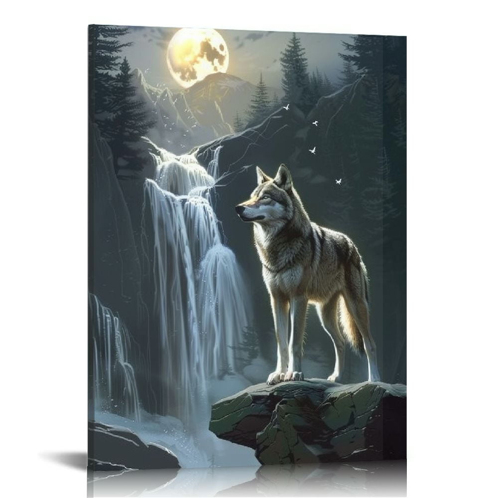 Nawypu Wolf Canvas Wall Art - Wolf Howling At Stone At Night Pictures ...